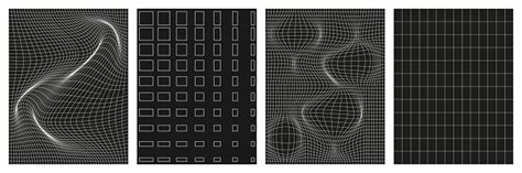 검은색 배경에 흰색의 기하학 와이어프레임 그리드 배경 세트입니다 3d 추상 포스터 패턴 트렌디한 사이키델릭 레이브 스타일의 사이버펑크 요소 00년대 Y2k 복고풍 미래 미학