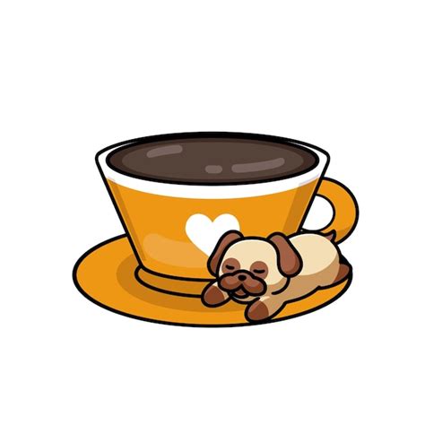 카페 아메리카노에 귀여운 퍼그 만화 캐릭터 벡터 일러스트 레이 션 프리미엄 벡터