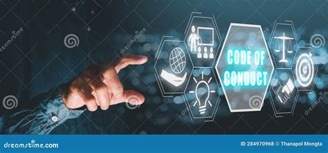 Person Hand Touching Code Of Conduct Icon On Virtual Screen With Blue