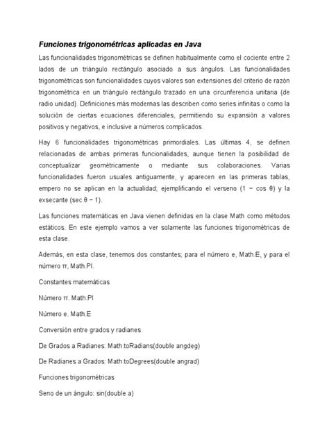 Funciones Trigonométricas Aplicadas En Java Pdf Funciones
