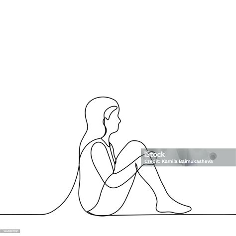 바닥에 앉아 무릎을 껴안고 있는 여자 한 선 그리기 벡터 외로움 슬픔 우울 우울증의 개념 무릎 끌어안기에 대한 스톡 벡터 아트