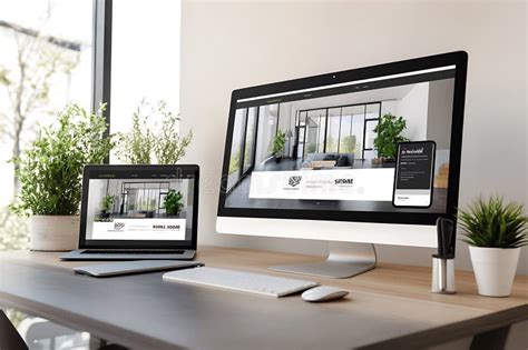 Modern Workspace With Desktop Laptop And Phone Displaying Interior Design Website Stock