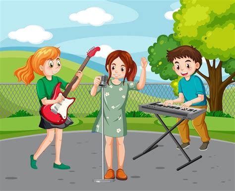 공원에서 악기를 연주하는 아이들 무료 벡터