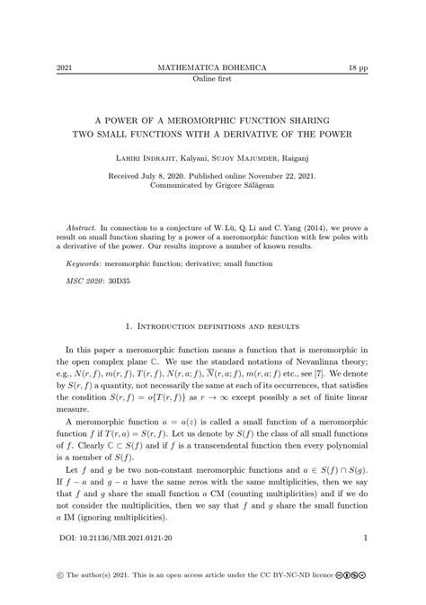 Pdf A Power Of A Meromorphic Function Sharing Two Small Functions With A Derivative Of The Power