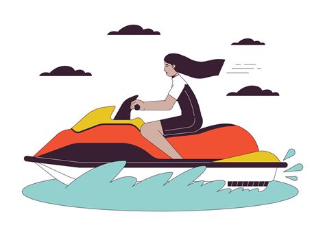Jet Ski Riding Flat Line Vector Spot Illustration Swimwear Arab Woman On Water Scooter 2d