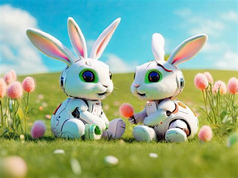 Premium Photo Funny Robot Rabbits On Green Meadow Futuristic Illustration