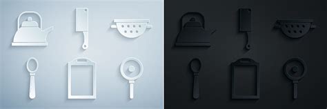 핸들 아이콘이있는 도마 주방 소쿠리 숟가락 프라이팬 고기 헬기 및 주전자를 설정합니다 벡터 3차원 형태에 대한 스톡 벡터 아트 및 기타 이미지 Istock