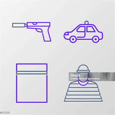 죄수 지퍼가 달린 비닐 봉지 경찰차와 점멸 장치 권총 또는 총 소음기 아이콘을 설정합니다 벡터 가방에 대한 스톡 벡터 아트 및 기타 이미지 Istock