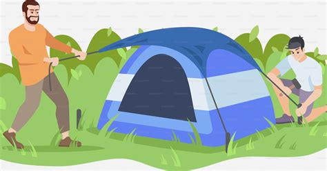 캠프 플랫 벡터 일러스트레이션을 설정하는 남자들 친구 야영자 아버지와 아들 만화 캐릭터 여름 활동 야외 모험 흰색