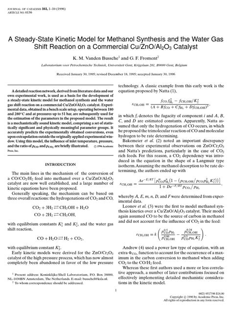 Pdf A Steady State Kinetic Model For Methanol Synthesis And The Water Gas Shift Reaction On A