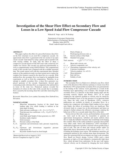 Pdf Investigation Of The Shear Flow Effect On Secondary Flow And Losses In A Low Speed Axial
