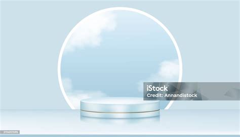 파란색 배경 3d 연단베이스 디스플레이 스탠드 푸른 하늘에 흰색 솜 털 구름 아름다움을위한 벡터 배경 최소 플랫폼 무대 원형 모형 화장품 프리젠 테이션과 스튜디오 룸 배경