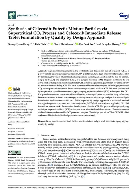 Pdf Synthesis Of Celecoxib Eutectic Mixture Particles Via Supercritical Co2 Process And