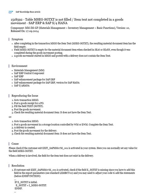 Table Mseg Sgtxt Is Not Filled Item Text Not Completed In A Goods Pdf