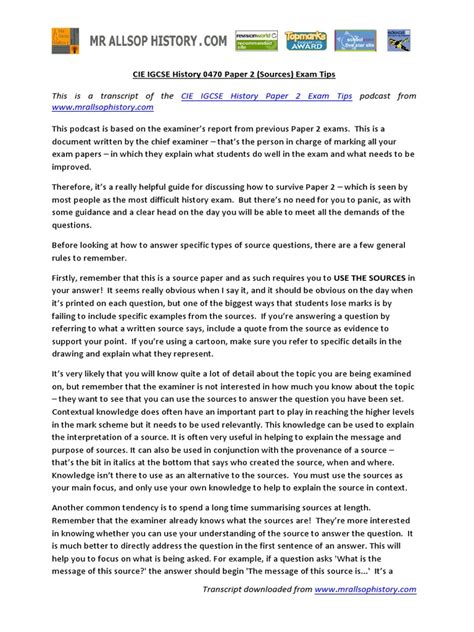 Cie Igcse History Paper 2 Pdf Question Knowledge