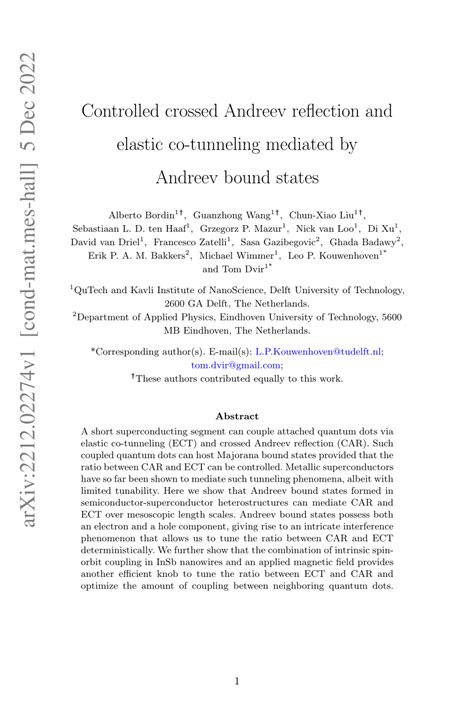 Pdf Controlled Crossed Andreev Reflection And Elastic Co Tunneling Mediated By Andreev Bound