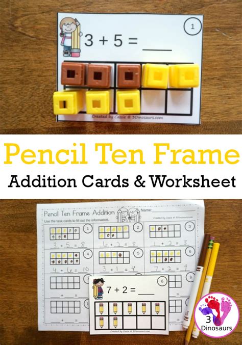 Pencil Ten Frame Addition Cards And Worksheet 3 Dinosaurs Worksheets