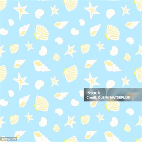 조개 노란색 흰색 조개 질감 또는 배경과 파란색 패턴의 여름 바다 원활한 패턴 귀여운에 대한 스톡 벡터 아트 및 기타 이미지