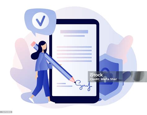전자 계약 또는 디지털 서명 개념 현대 평면 만화 스타일입니다 벡터 일러스트레이션 학습에 대한 스톡 벡터 아트 및 기타 이미지 학습 개념 개념과 주제 Istock