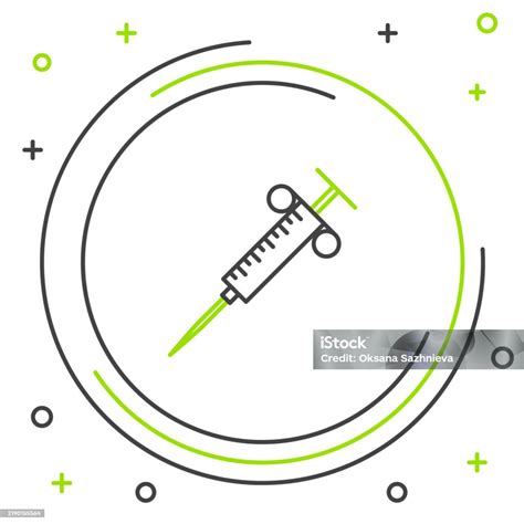 검은 색과 녹색 선 주사기 아이콘이 흰색 배경에 분리되어 있습니다 백신 예방접종 주사 독감 예방주사용 주사기 의료 장비 다채로운 윤곽선 개념 벡터 일러스트 레이 션 건강