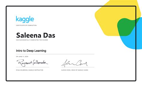 saleena das completed the intro to deep learning course on kaggle