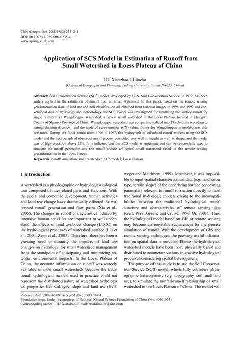 Pdf Application Of Scs Model In Estimation Of Runoff From Small Watershed In Loess Plateau Of
