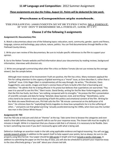 11 Ap Language And Composition 2012 Summer Assignment
