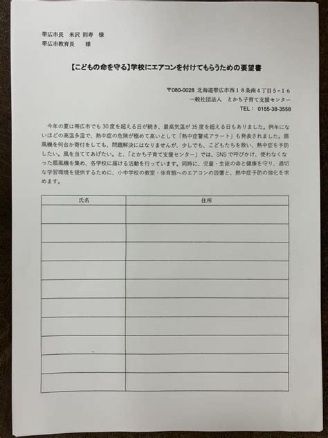 エアコンを付けてあげてほしい署名活動ですが とかち子育て支援センターのweb署名も終了させていただくことになりました｜一般社団法人とかち子育て