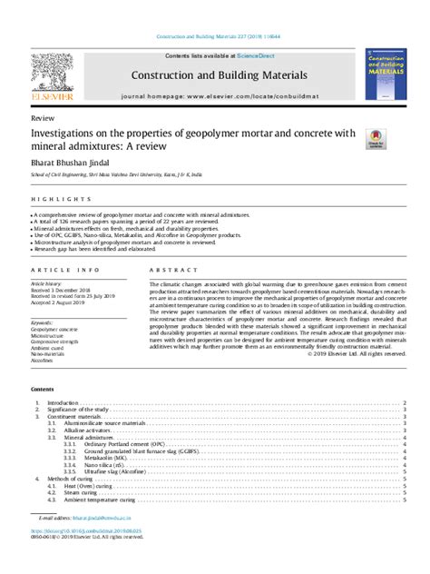 Pdf Investigations On The Properties Of Geopolymer Mortar And Concrete With Mineral Admixtures