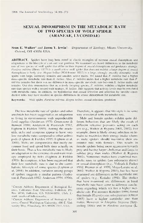 Pdf Sexual Dimorphism In The Metabolic Rate Of Two Species Of Wolf Spider Araneae Lycosidae
