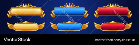 Gold Fantasy Game Button Set With Crown And Wings Vector Image