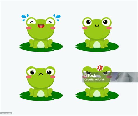 귀여운 녹색 개구리의 이모티콘 세트 벡터 일러스트레이션 개구리에 대한 스톡 벡터 아트 및 기타 이미지 개구리 귀여운 감정 Istock