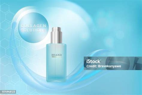 뷰티 제품 광고 디자인 콜라겐 용액 광고 배경이있는 파란색 화장품 용기 고급 스킨 케어 배너 일러스트 벡터 개념에 대한 스톡 벡터 아트 및 기타 이미지 Istock