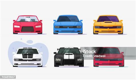 자동차 정면보기 아이콘 설정 고립 된 전기 및 경주 스포츠 차량 평면 만화 일러스트 레이 션 자동차 레드 블루 화이트 블랙
