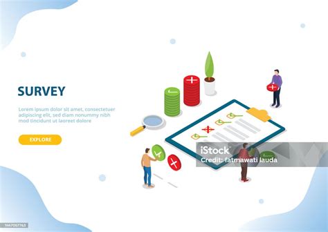 웹 사이트 방문 템플릿 배너에 대 한 체크리스트와 돋보기와 클립 보드에 아이 소메트릭 설문 조사 사람들 벡터 완성에 대한 스톡 벡터 아트 및 기타 이미지 Istock