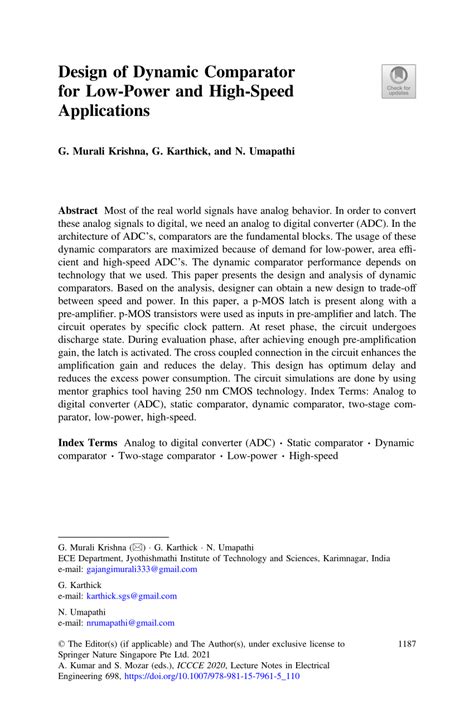 Pdf Design Of Dynamic Comparator For Low Power And High Speed