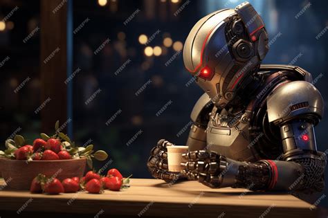 Premium Photo Robot Humanoid Eating Strawberries In The Dark 3d Rendering