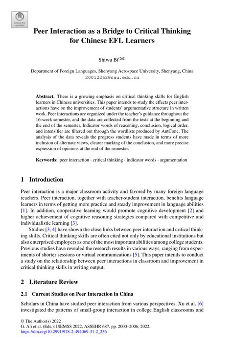 Pdf Peer Interaction As A Bridge To Critical Thinking For Chinese Efl Learners