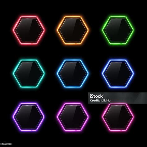 컬러 네온 사인 세트 빈 공간이 있는 육각형 빛나는 빛 배너 플레어와 반짝임과 검은 배경에 빛나는 플라스틱 눈부심 플레이트와 전기 밝은 프레임 1980 년 빈티지 벡터