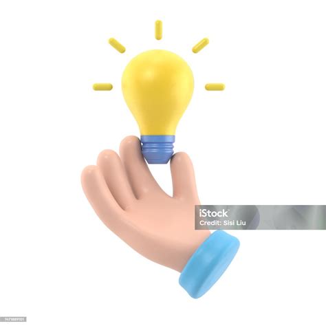 만화 제스처 아이콘 모형3d 아이콘 손 들고 전구 제스처 만화 좋은 아이디어 개념 흰색 배경에 3d 렌더링 3차원 형태에 대한 스톡 사진 및 기타 이미지 Istock