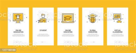 플랫 아이콘과 전자 학습 온라인 교육 홈 스쿨링 개념 온보딩 모바일 앱 페이지 화면 Ux Ui 디자인 템플릿 벡터 일러스트 0명에 대한 스톡 벡터 아트 및 기타 이미지