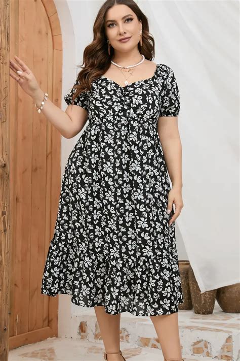 Casual Dress Plus Size Women S Plus Ditsy Print Shoulder Temu Australia