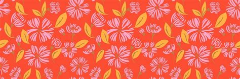 붉은 배경에 잎이 있는 손으로 그린 꽃을 특징으로 하는 다채롭고 원활한 꽃 패턴 직물 벽지 및 포장을 위한 일반 인쇄 디자인 여름에서 영감을 받은 미학 꽃 식물에 대한 스톡