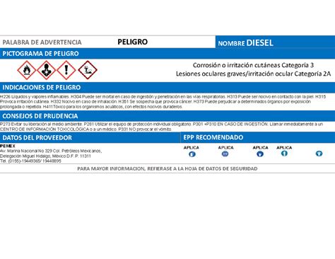 Etiqueta Sga Diesel Palabra De Advertencia Peligro Nombre Diesel
