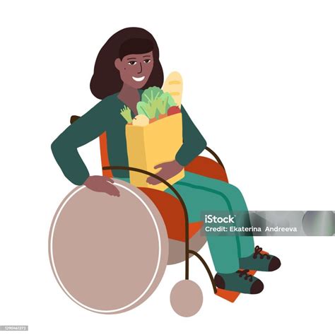 자연일간지와 종이 봉투를 들고 있는 젊은 미소 짓는 흑인 장애인 여성 휠체어 운반 패키지에 만화 플랫 스타일의 장애인 아프리카 사람 강한 행복 한 독립 남자 쇼핑 가방에