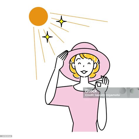 열사병 대책 태양 일러스트에 Uv 컷 모자를 쓰고 예쁜 여자를 미소 화 질 심플 한 벡터 열 사수 방지 태양에 자외선 차단 모자를 쓰고 예쁜 웃는 여자 간단한 그림 벡터