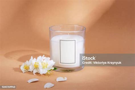 하얀 아로마 촛불과 재스민 꽃은 빛과 그림자가 있는 베이지색 배경에 있다 근접 촬영 꽃 식물에 대한 스톡 사진 및 기타 이미지 꽃 식물 촛불 조명 장비 모형 Istock