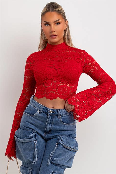 Lace Flare Sleeve Going Out Summer Holiday Top Red Uk