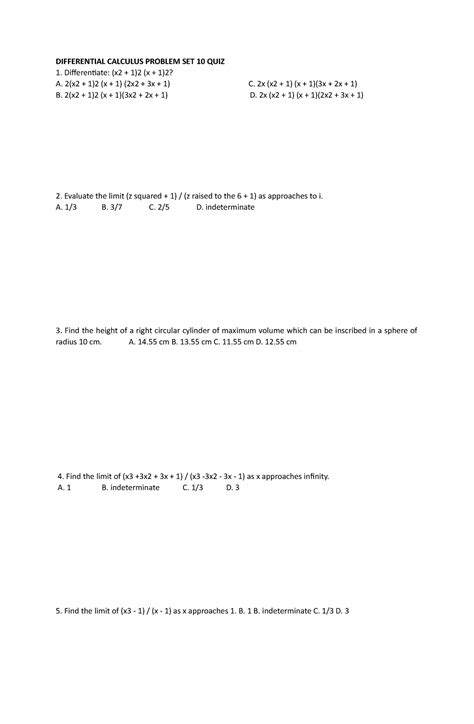 Differential Calculus Problem Set 10 Quiz Differential Calculus Problem Set 10 Quiz