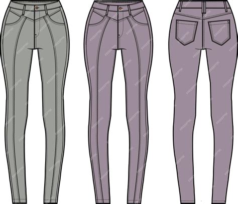 슬림핏 바지 전면 및 후면 플랫 스케치 기술 드로잉 벡터 일러스트 템플릿 프리미엄 벡터